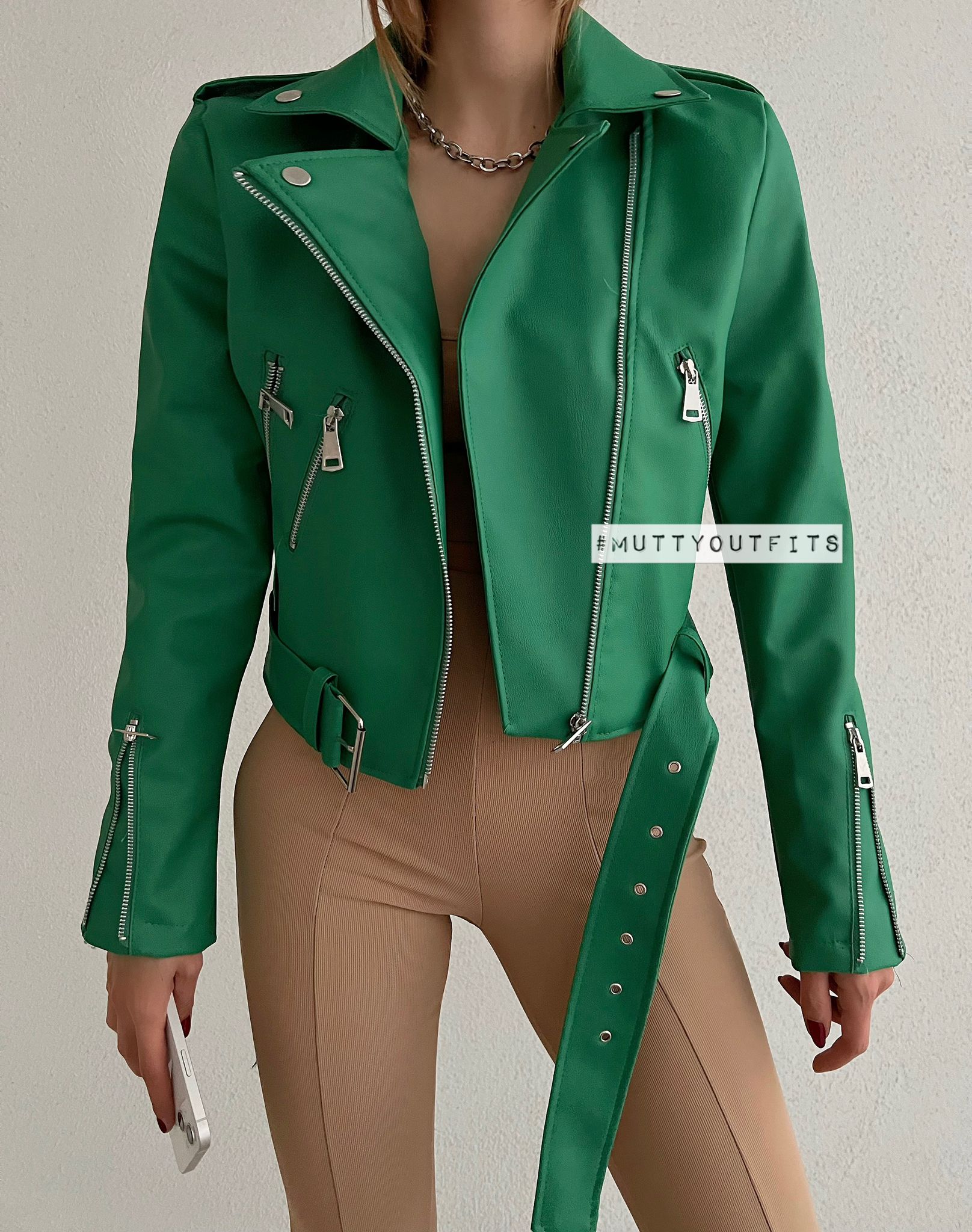 Alice Biker Deri Ceket Yeşil Modelleri En Uygun Fiyatlarla